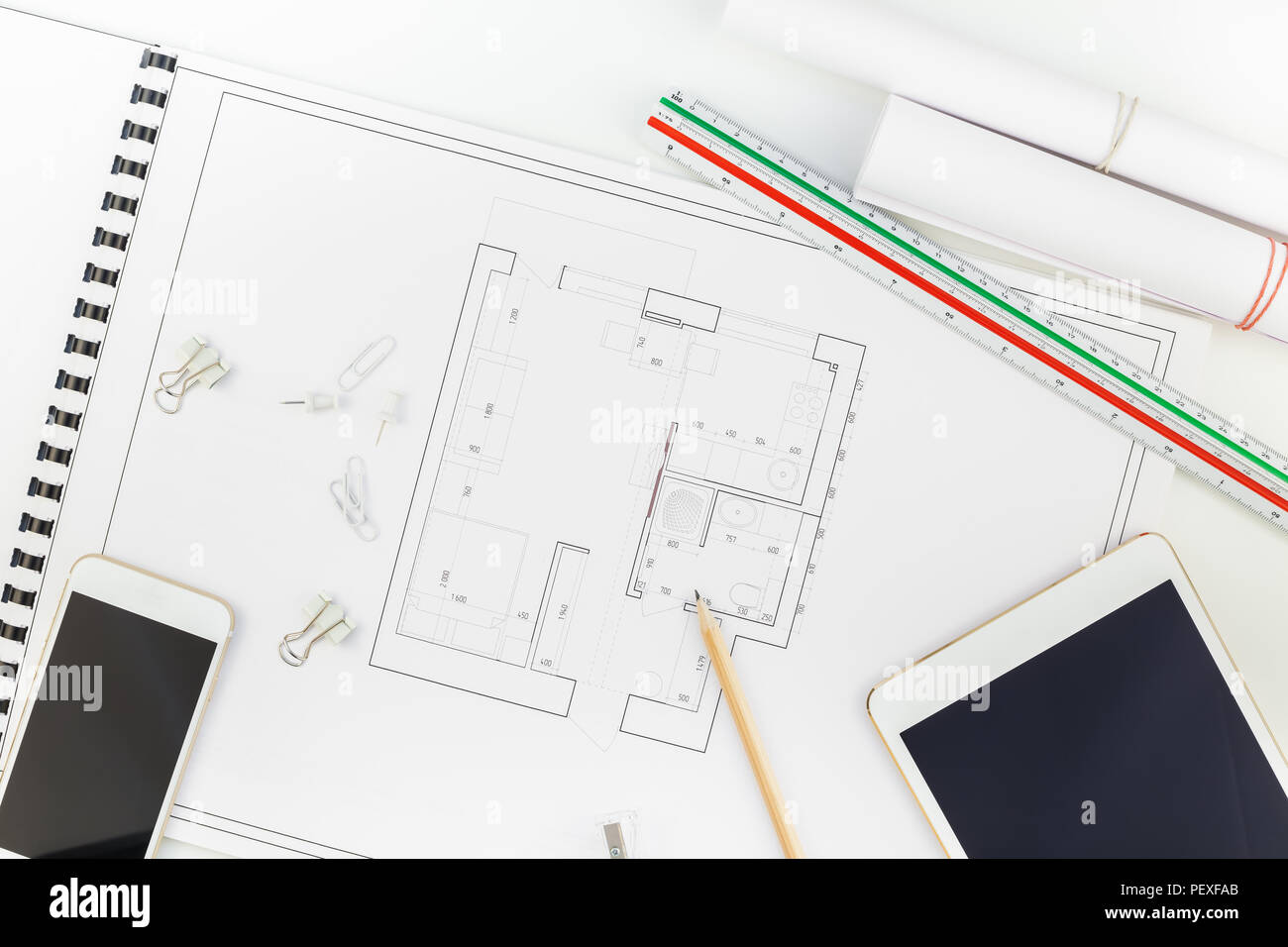 Creative flat lay overhead top view blueprints architectural flat ...