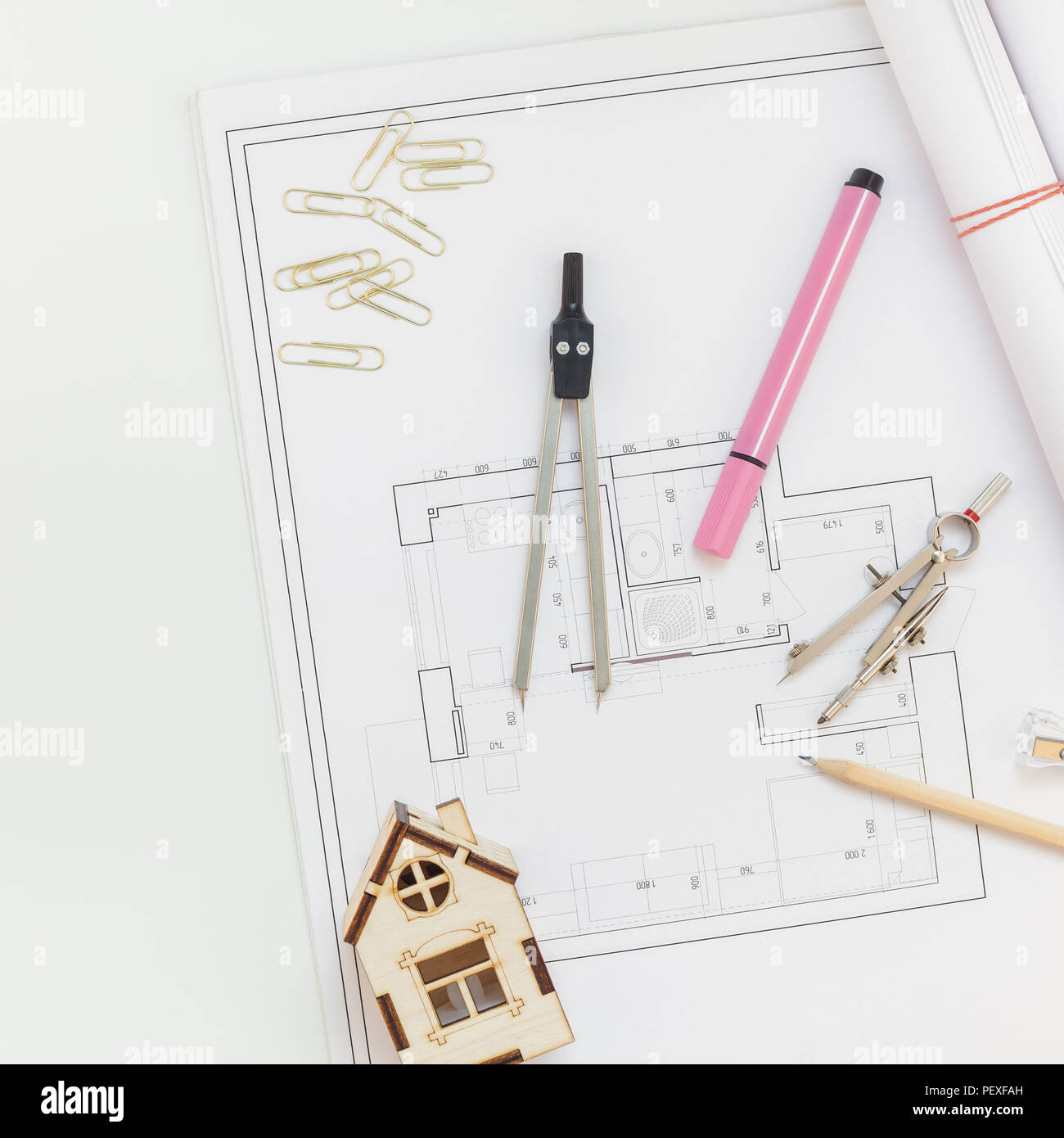 Creative flat lay overhead top view blueprints architectural flat ...