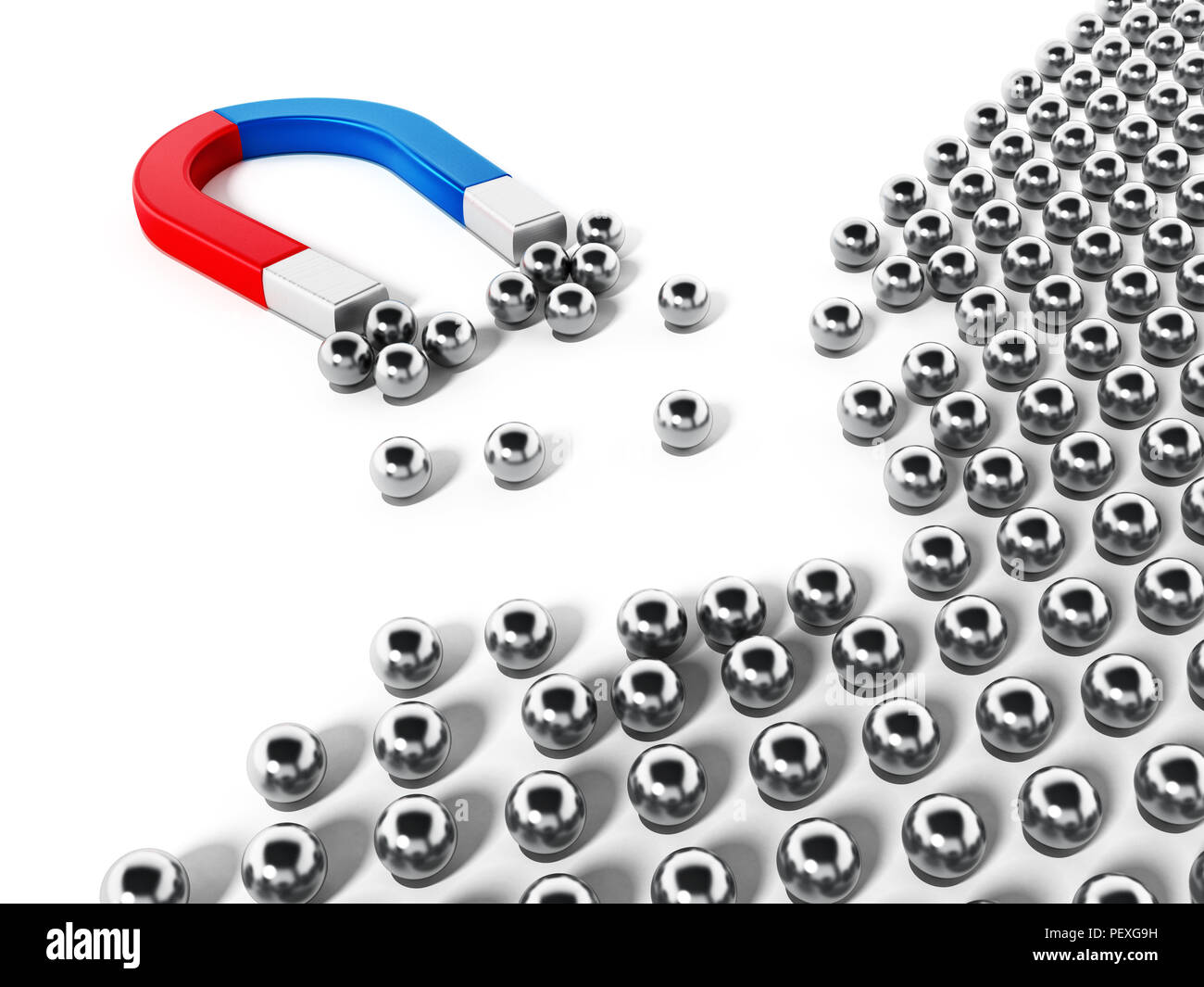 Horseshoe magnet pulling chrome spheres. 3D illustration Stock Photo ...