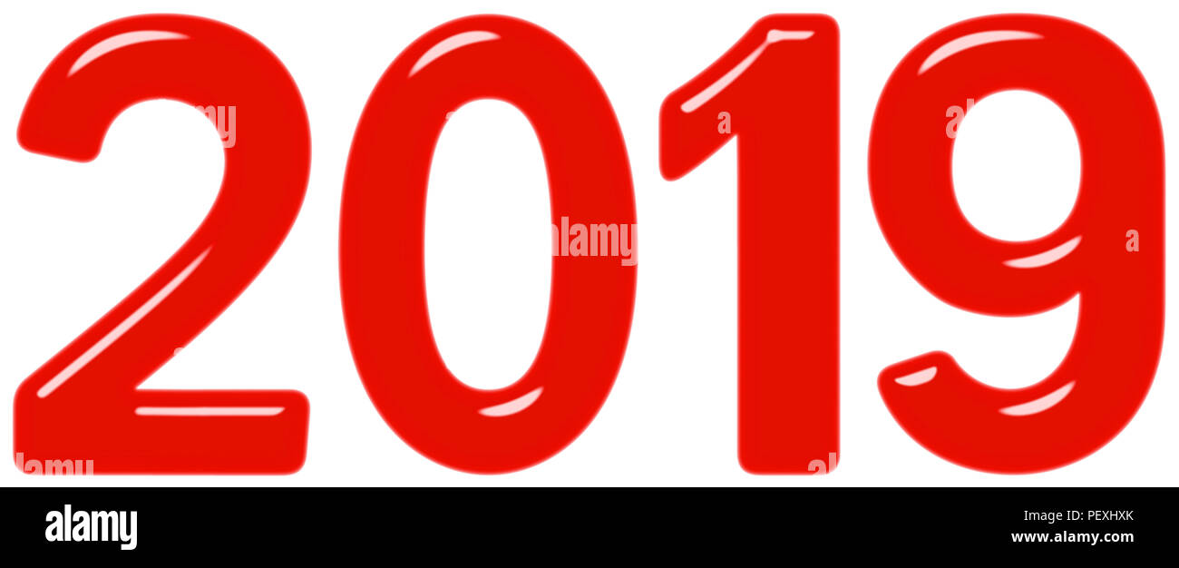 Inscription 2019 from red glass or plastic, isolated on white ...