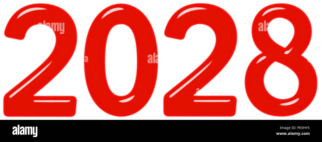 Inscription 2028 from red glass or plastic, isolated on white ...