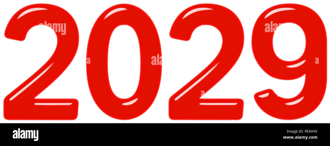 Inscription 2029 from red glass or plastic, isolated on white ...