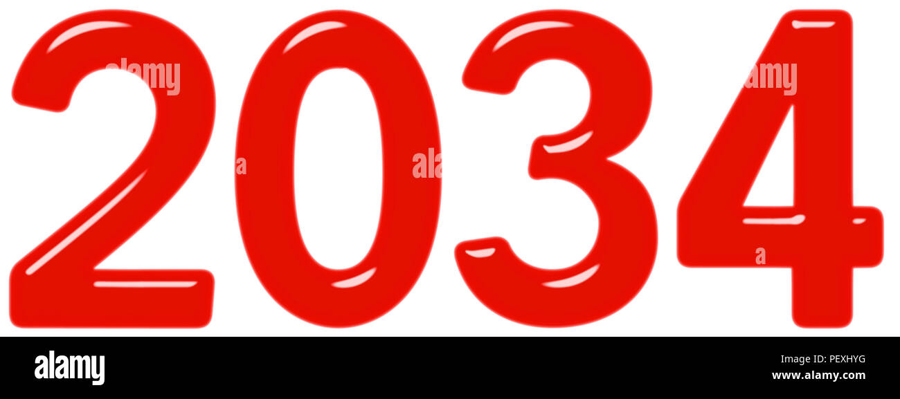 Inscription 2034 from red glass or plastic, isolated on white background, 3d render Stock Photo ...