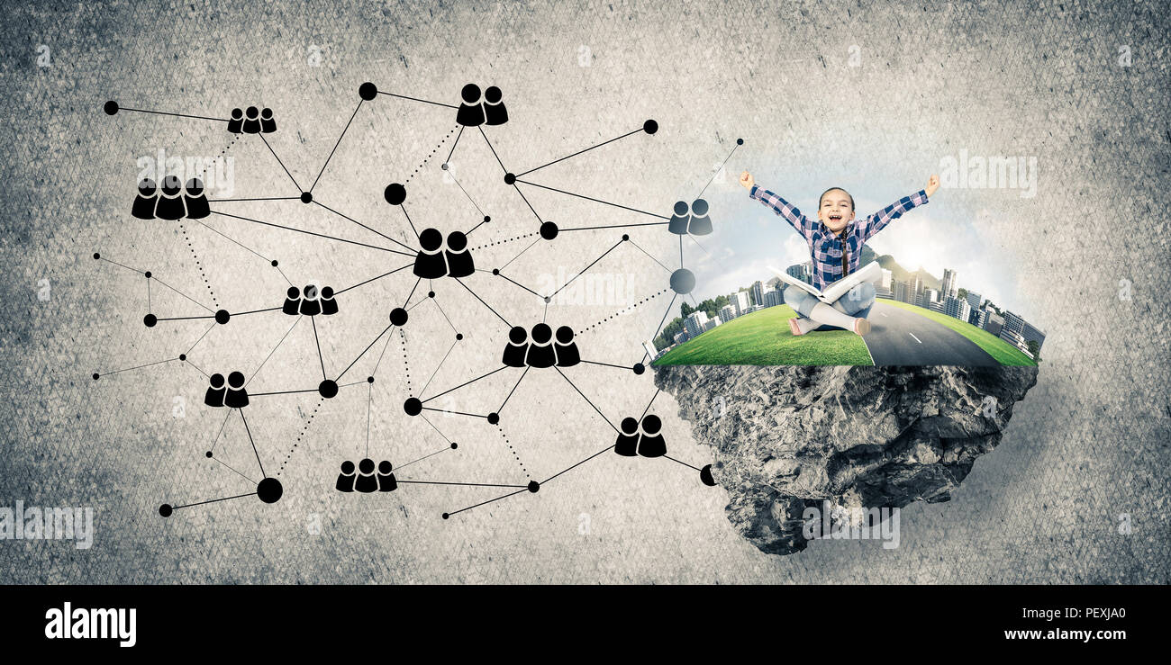 Cute girl of school age with book exploring this great world Stock ...