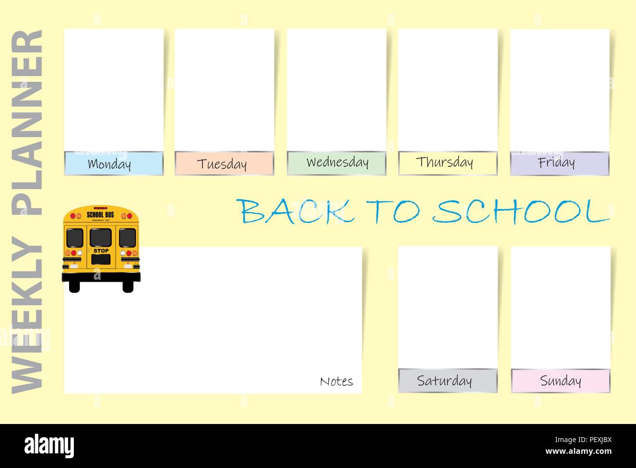Back to school weekly planner vector. Empty white charts for each day ...