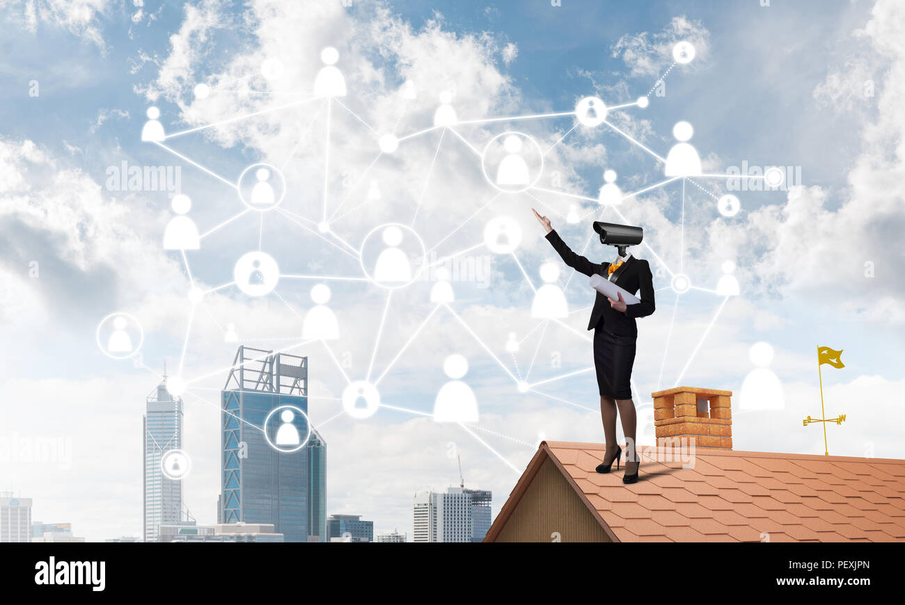 Concept of security and privacy protection with camera headed woman ...