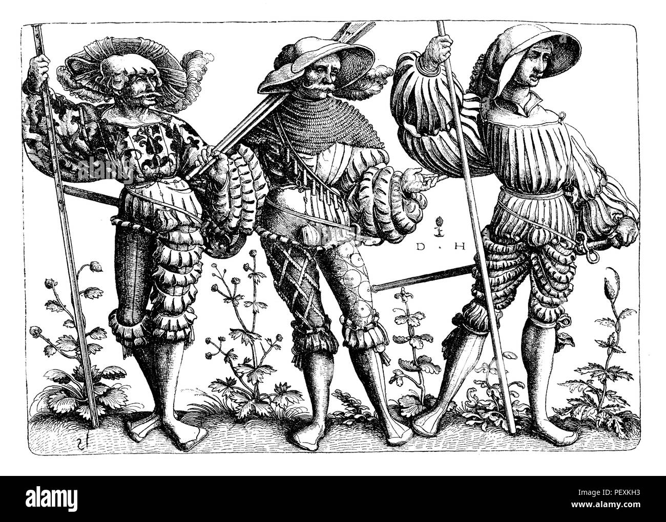 Three mercenaries. Facsimile of the engraving by Daniel Hopfer (c. 1500 ...