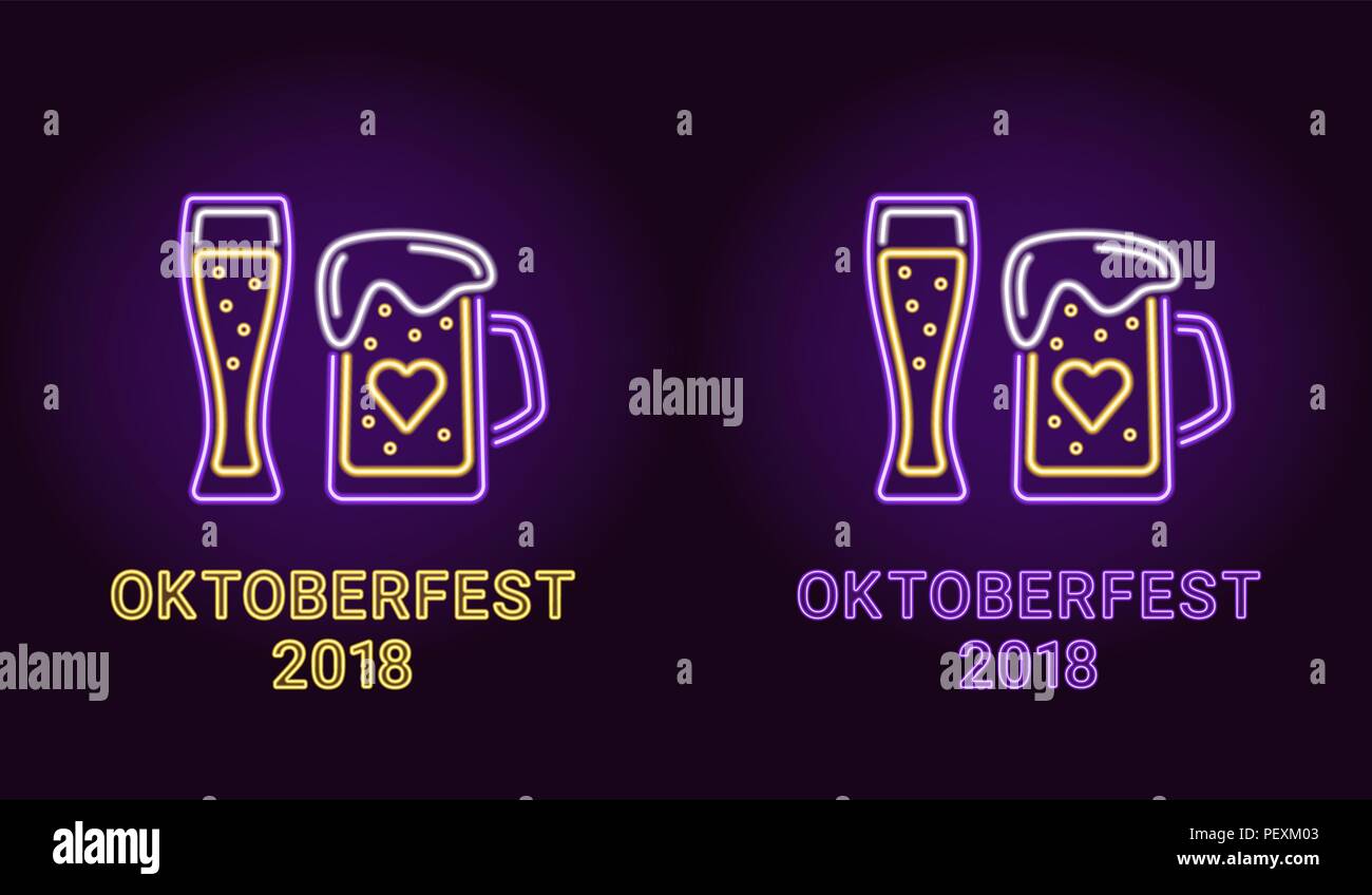 Neon banner of Oktoberfest holiday in violet and yellow color. Vector ...