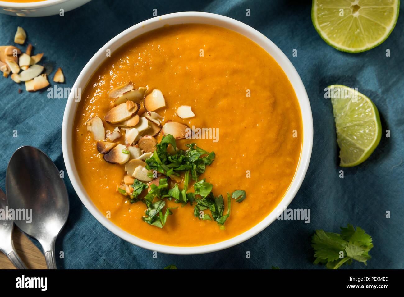 Homemade Thai Sweet Potato Soup with Cilantro and Almonds Stock Photo ...