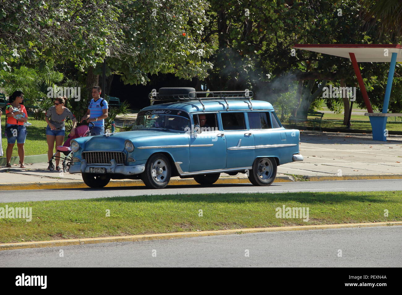 Classic American Car driving on a street in Varadero Cuba Stock Photo ...