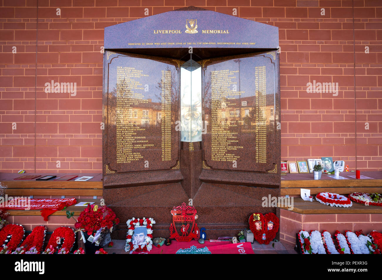 LIVERPOOL, UK - MAY 17 2018: Hillsborough memorial for the 96 victims ...