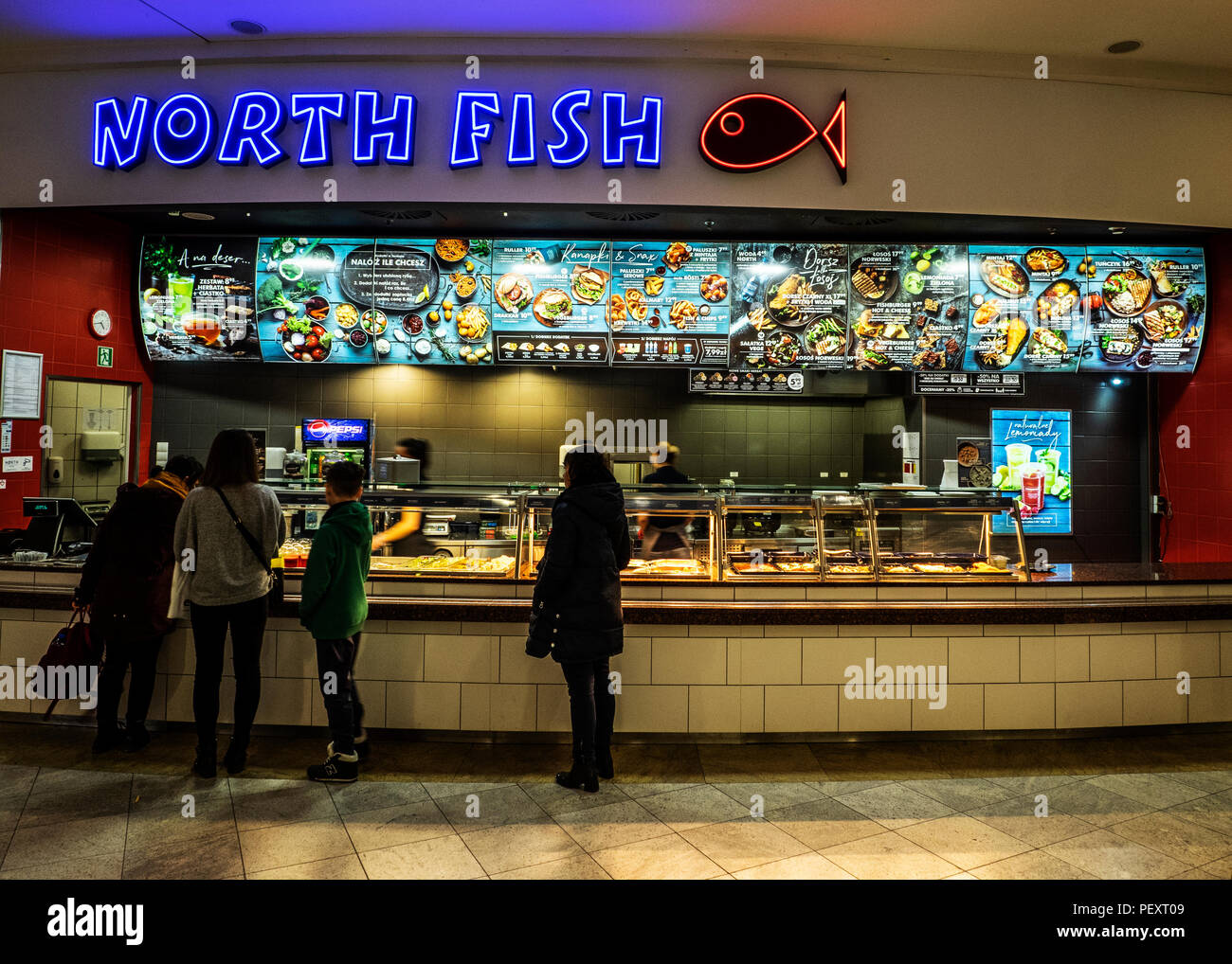 KRAKOW, POLAND - March 20, 2018: North Fish restaurant in food court in ...