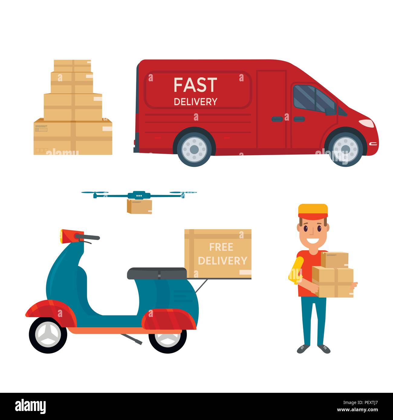 Logistics and delivery service concept: truck, lorry, van with store ...