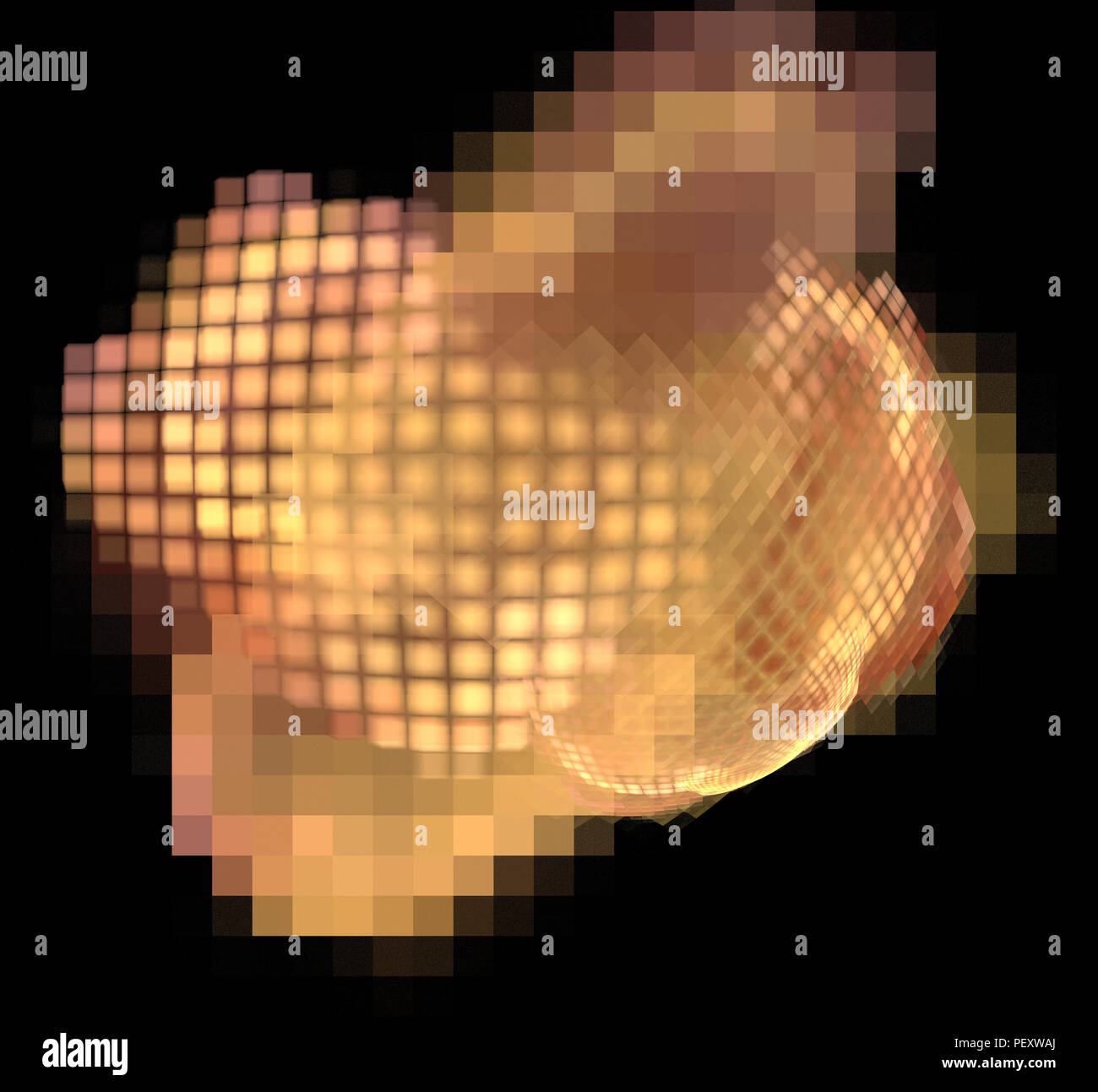 Abstract colorful orange and golden pixel sphere on black background ...