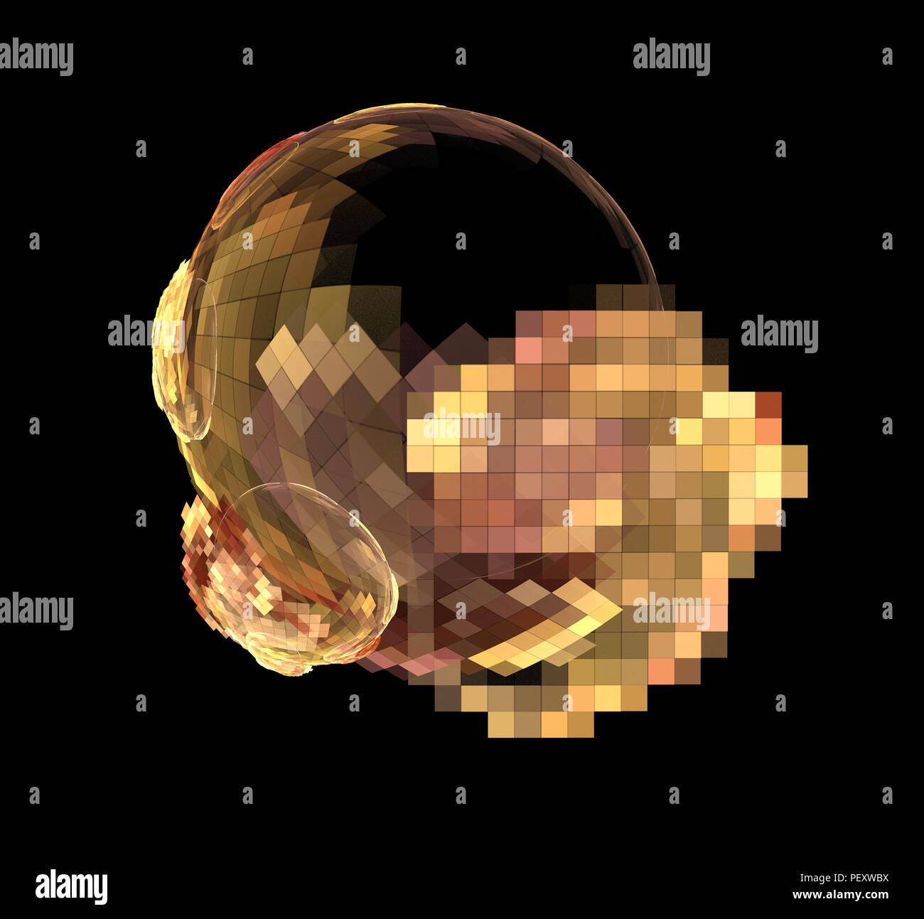 Abstract colorful orange and golden pixel sphere on black background ...