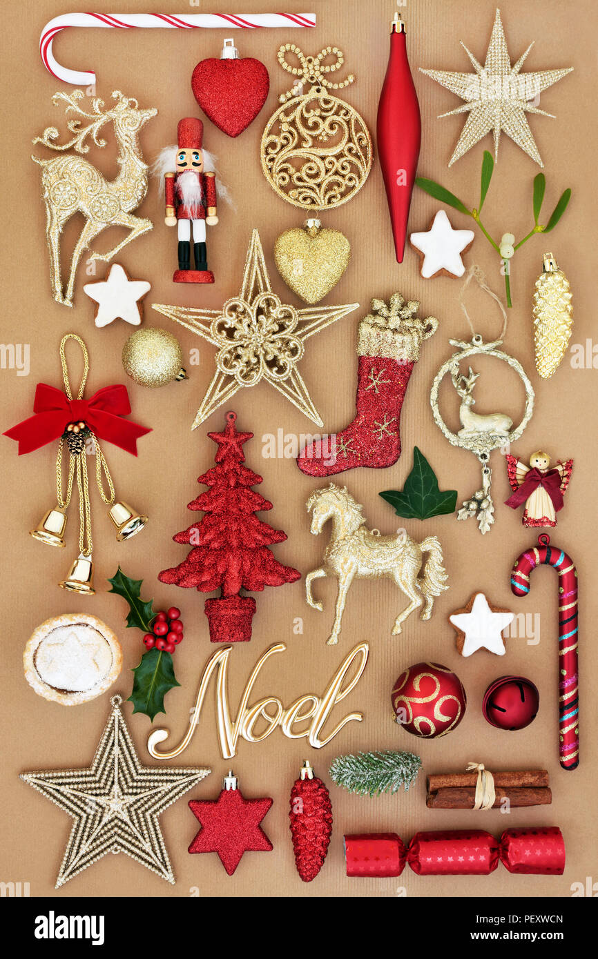 Christmas noel sign with retro bauble tree decorations and ornaments ...