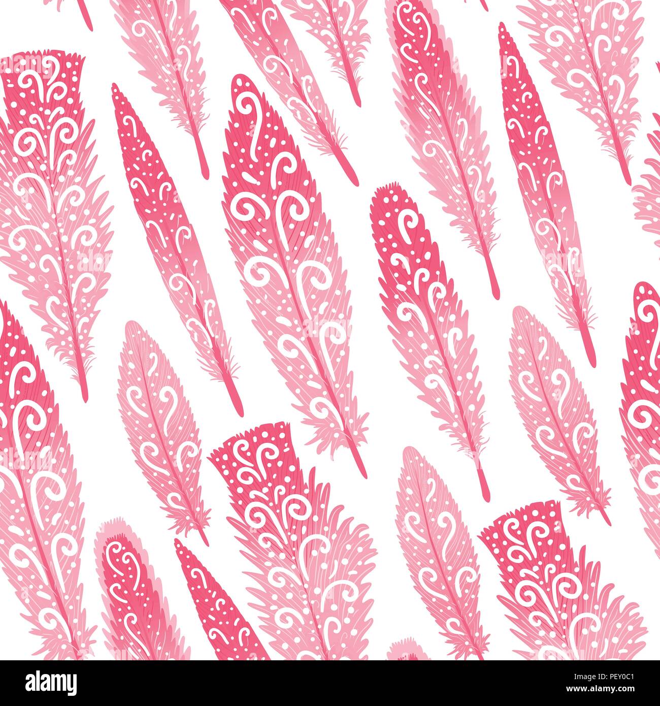 Flamingo feather brigth colorful hand drawn swirls. Seamless pattern ...