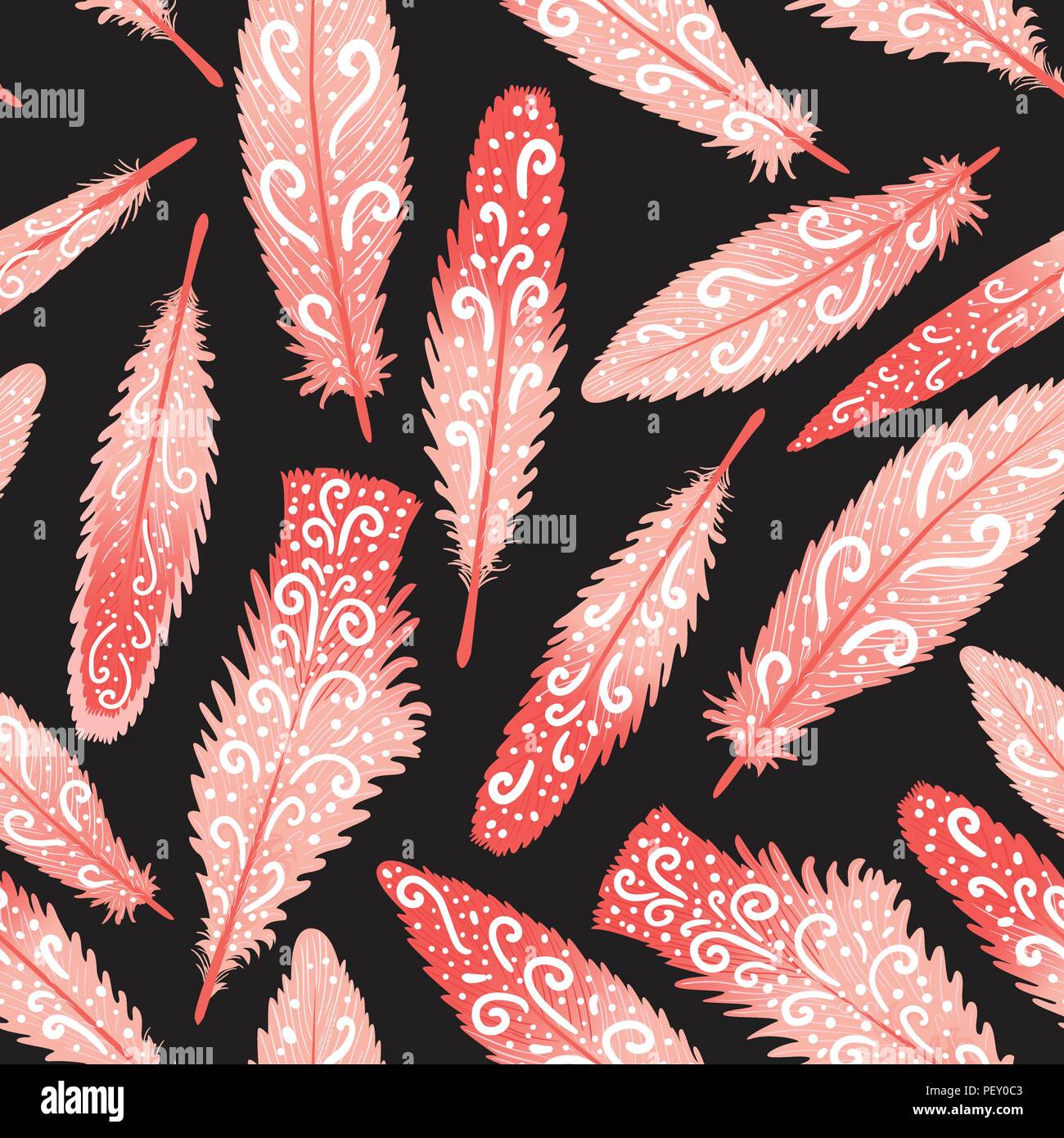 Flamingo feather brigth colorful hand drawn swirls. Seamless pattern ...