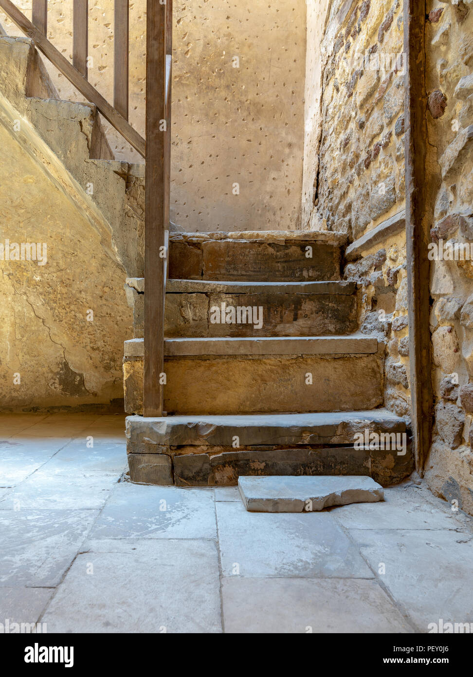 Stone staircase with wooden balustrade, Old Cairo, Egypt Stock Photo ...
