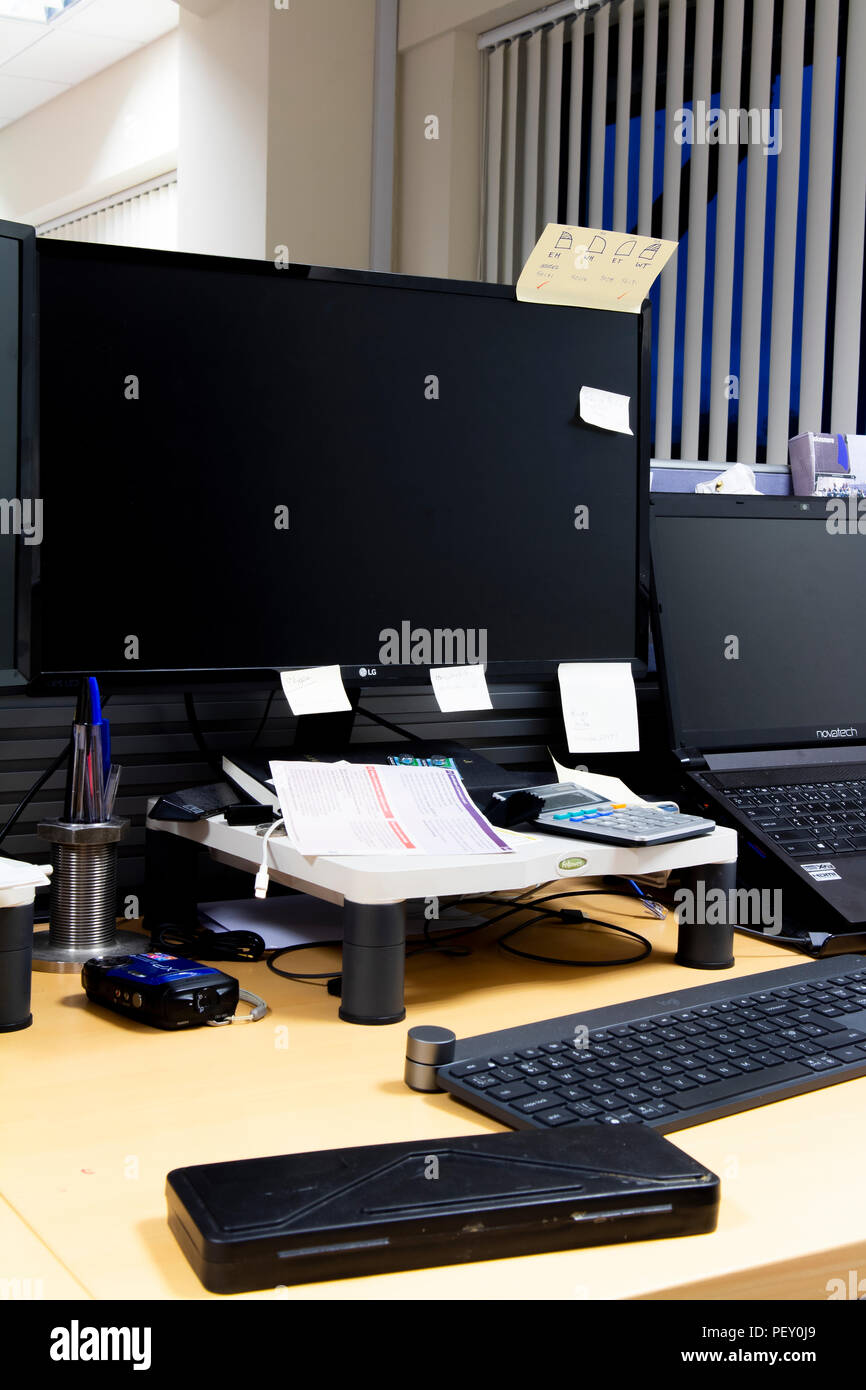 business desk office interior with mouse and keyboard to computer ...