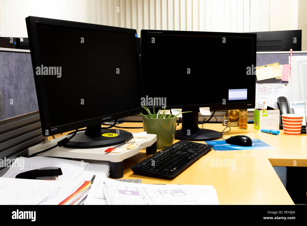 business desk office interior with mouse and keyboard to computer ...