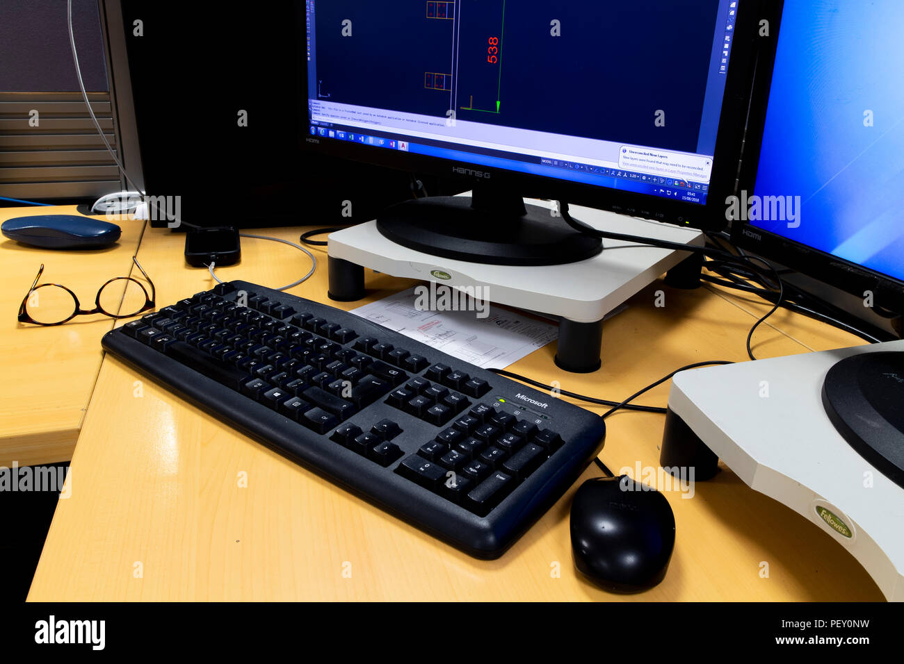 business desk office interior with mouse and keyboard to computer ...