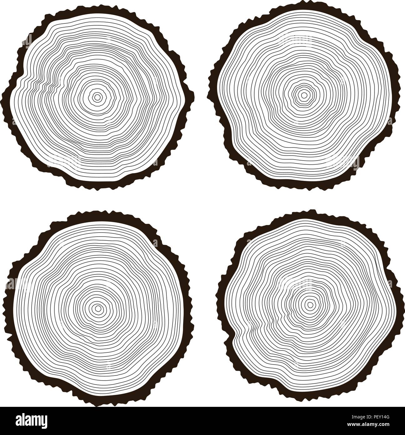 vector set of black and white wooden cuts of a tree log with concentric ...