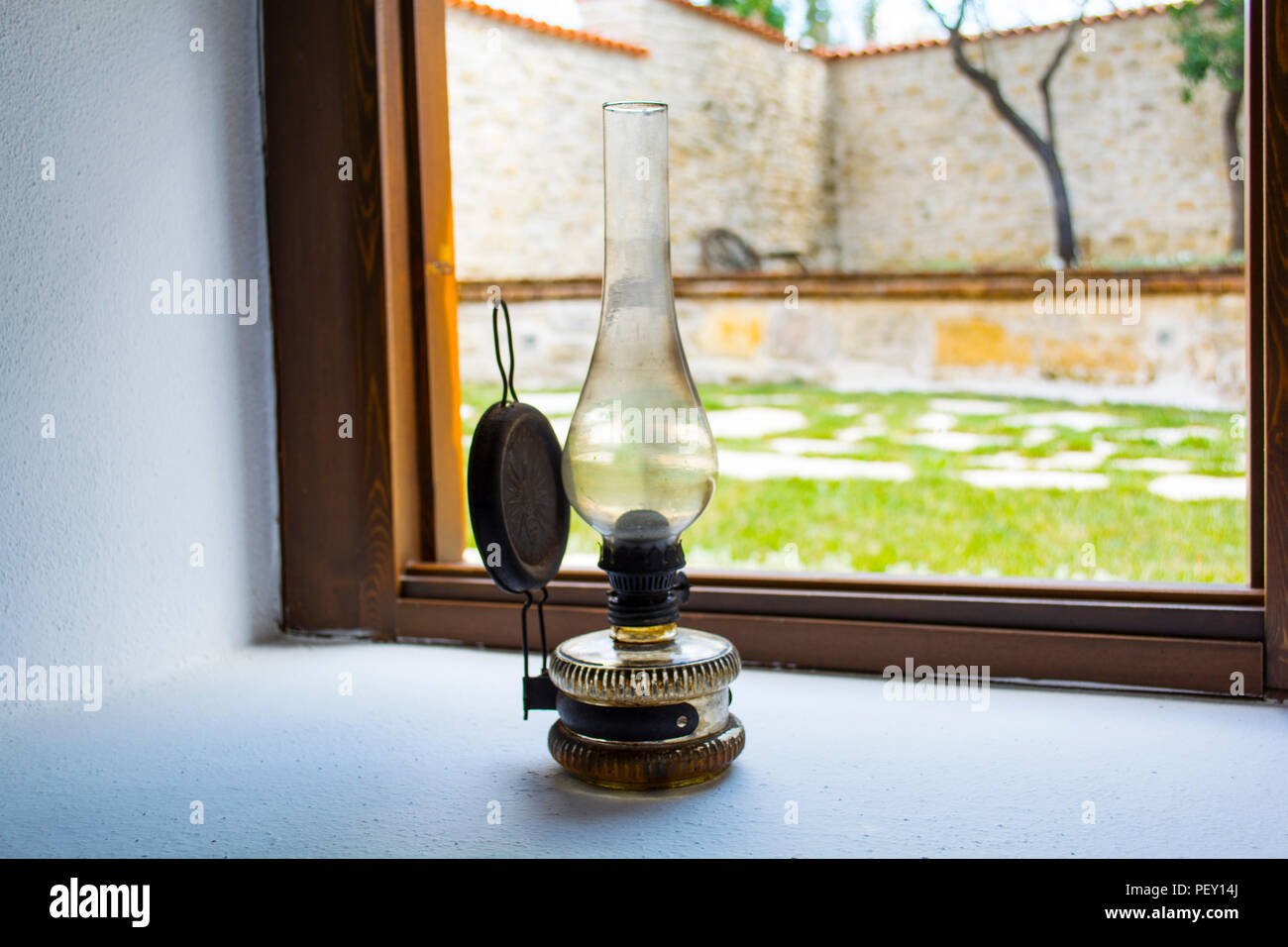 lantern lamp light in wooden window in day Stock Photo - Alamy