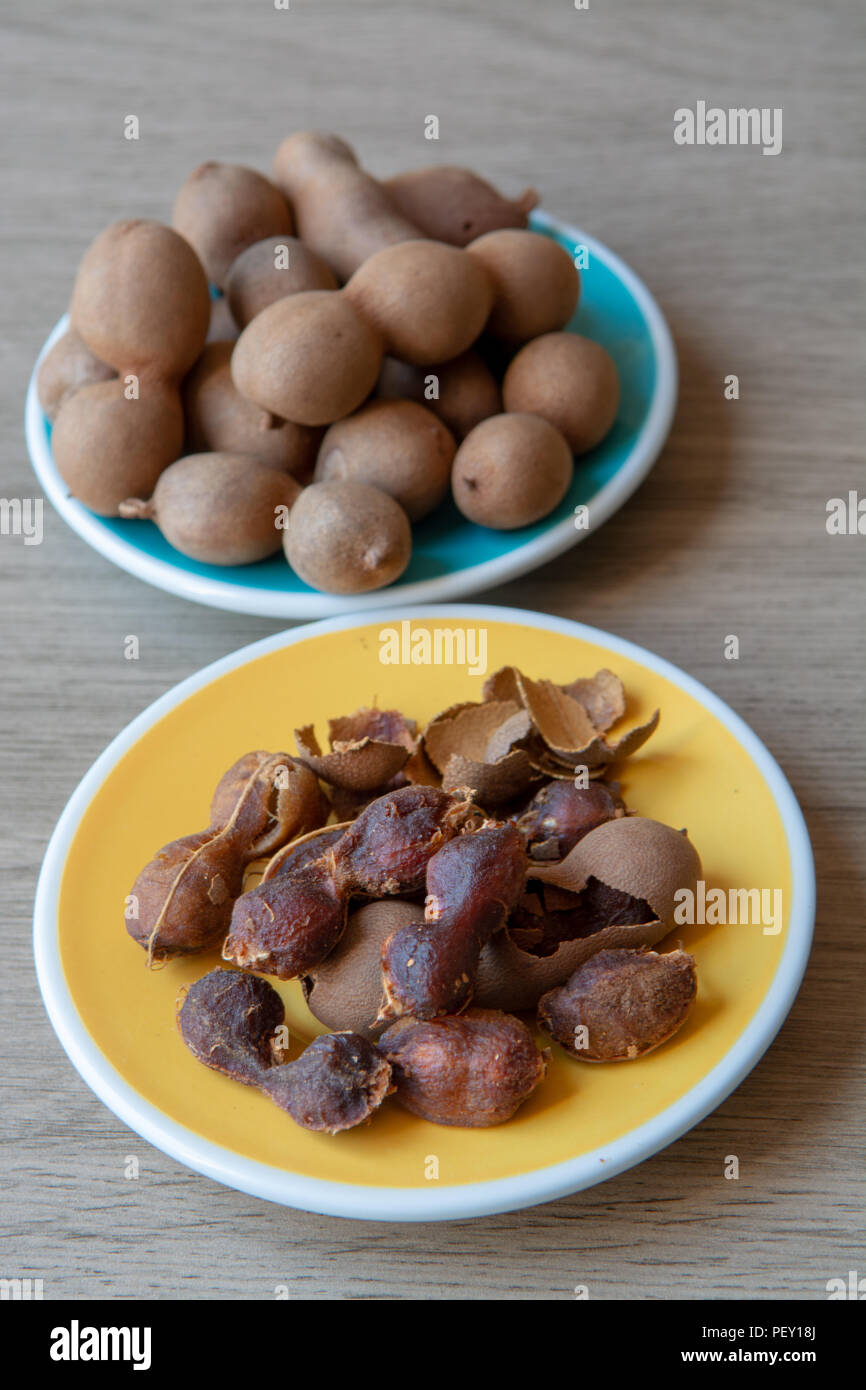 Fruits of tropcal Africal tree tamarind, used in cooking, traditional ...