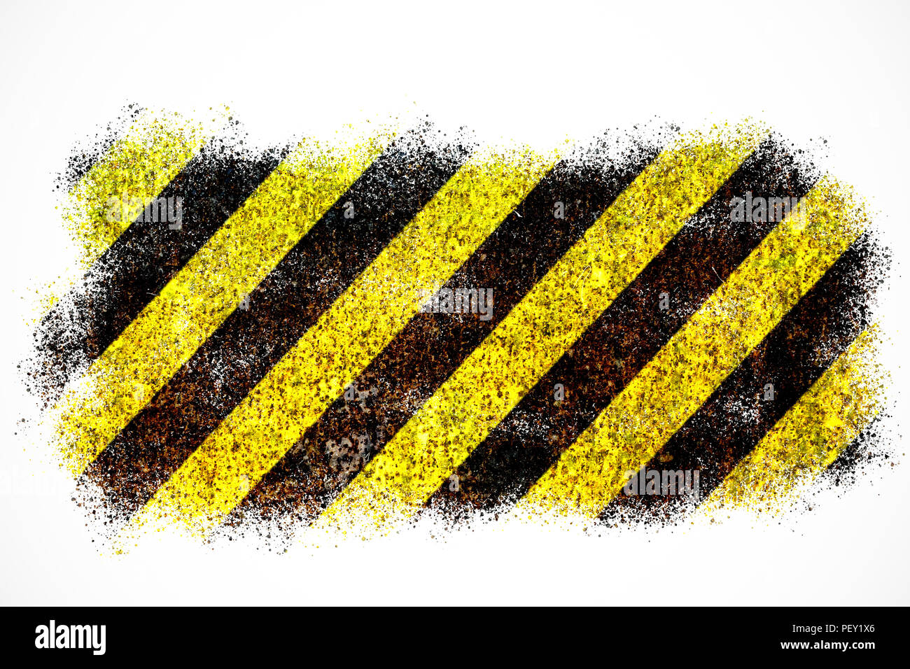 Warning sign yellow and black stripes painted over rusty metal plate as ...