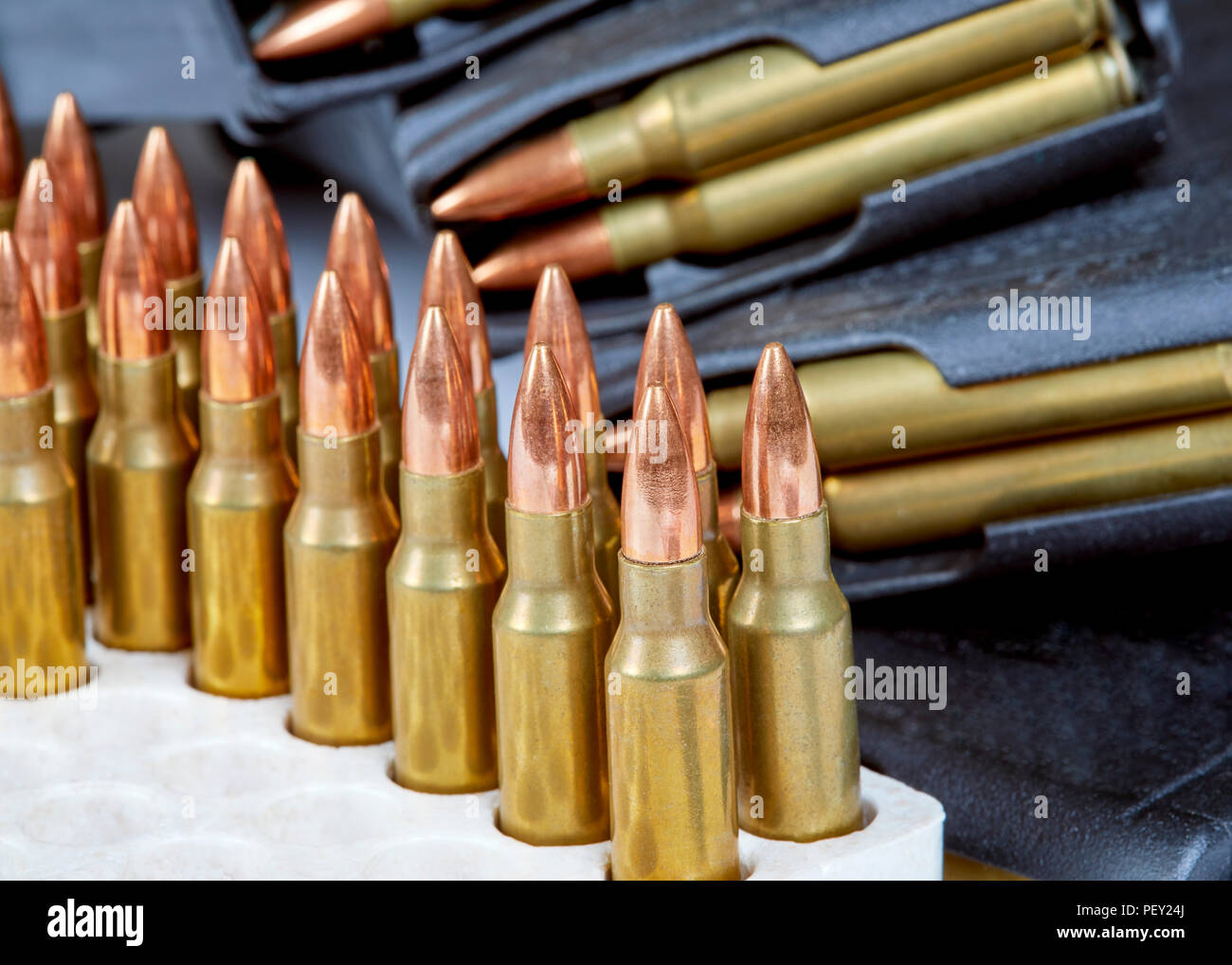Close up of AR 15 full metal jacket ammunition with magazines Stock ...