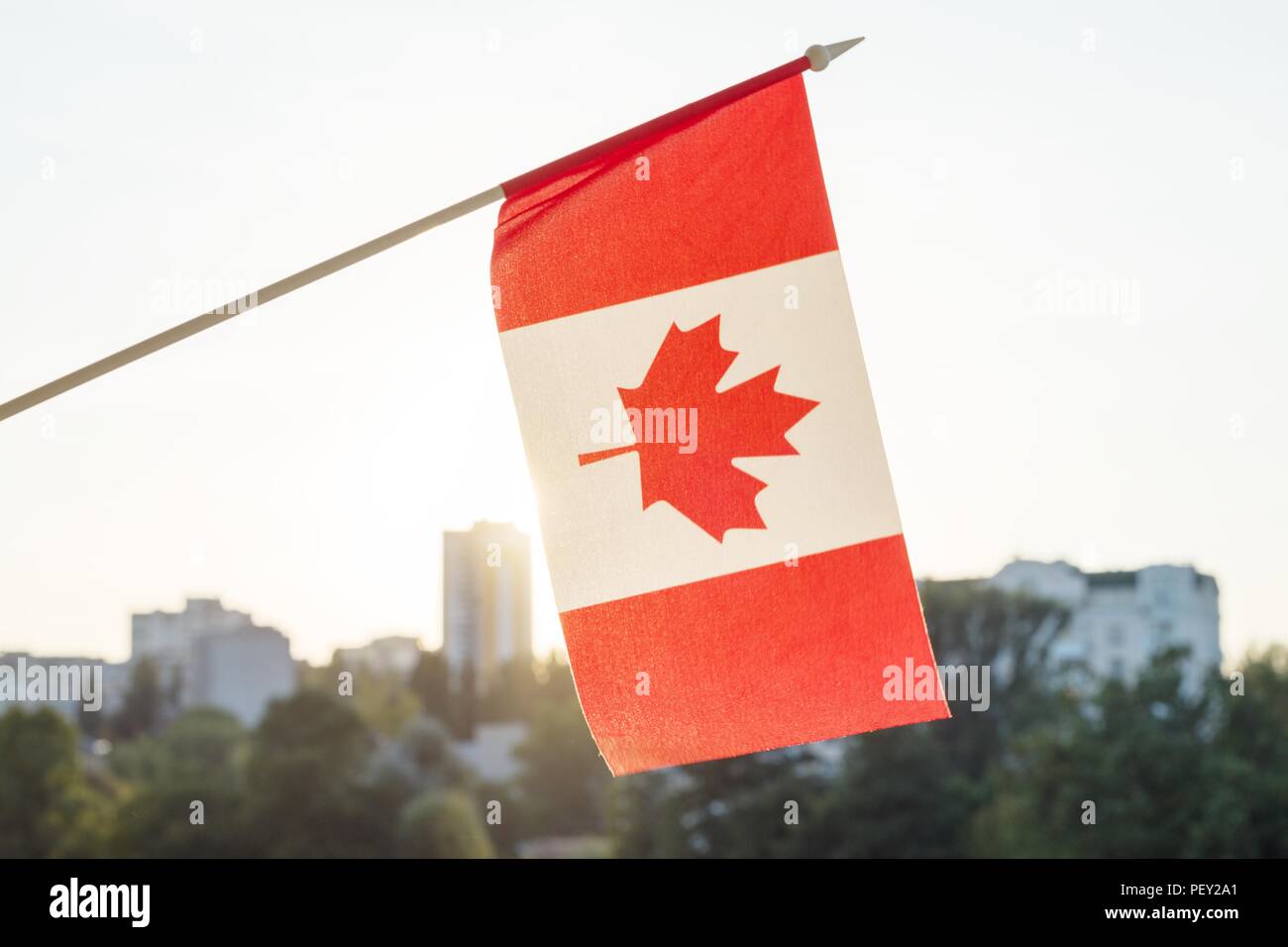 Flag of Canada from window on sunset background Stock Photo - Alamy