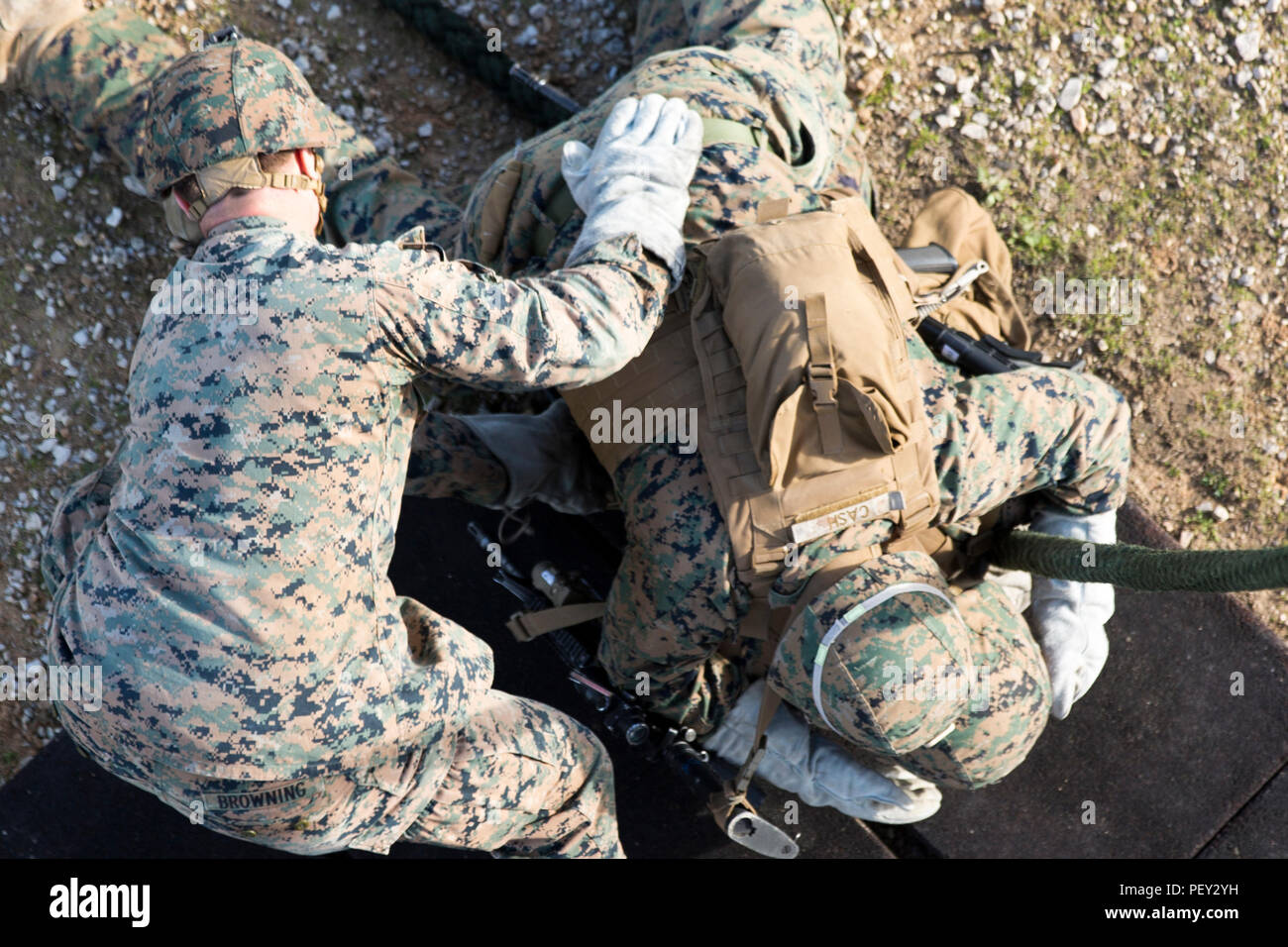 U.S. Marines with Bravo Company, 1st Battalion, 8th Marine Regiment, Special-Purpose Marine Air ...