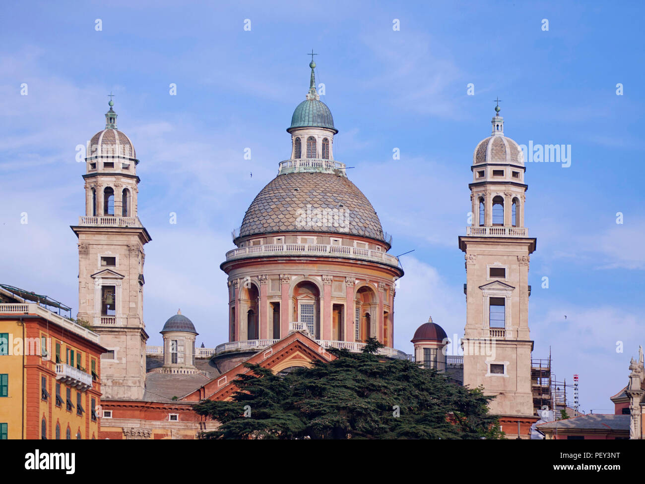 Genoa, Italy - view from the harbor of the domes of the Santa Maria ...
