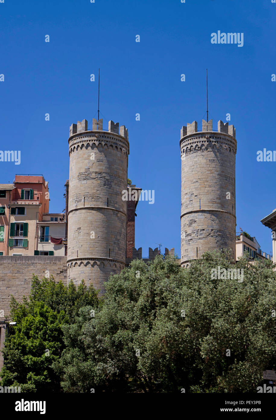 Genoa, Italy - Porta Soprana towers, medieval majestic entrance to the ...