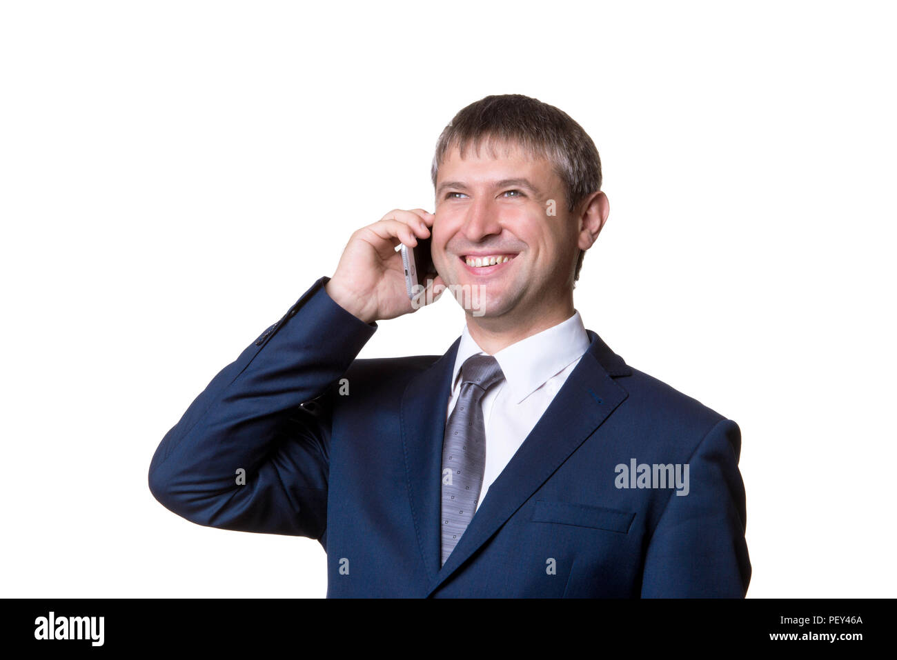 Happy Businessman Talking On Telephone Over White Background Stock ...