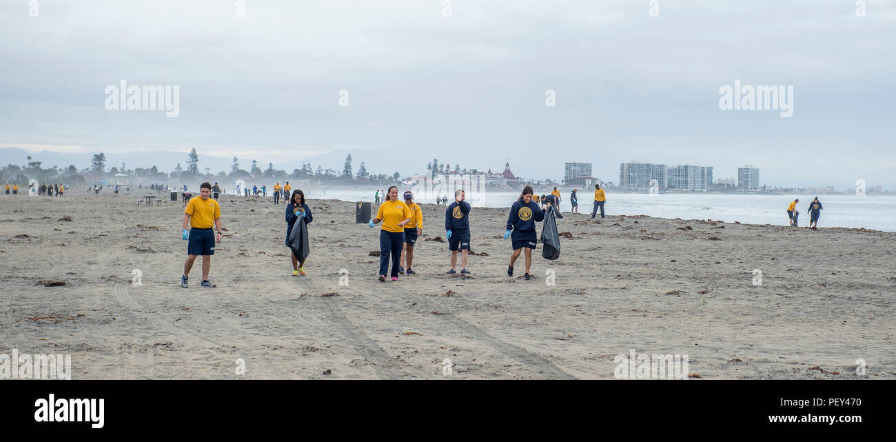 SAN DIEGO (Feb. 18, 2016) – Sailors pick up trash on Breakers Beach ...