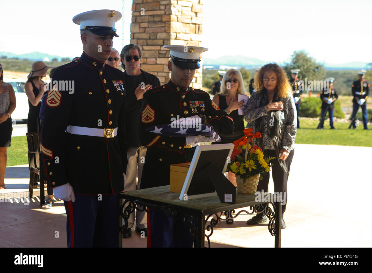 Marines stationed at Marine Corps Air Station Miramar place the ashes ...