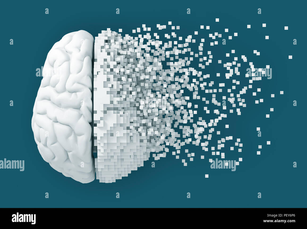 Desintegration Of Digital Brain On Blue Background. 3D Illustration ...
