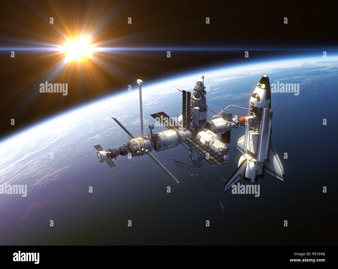 Space Shuttle And Space Station In The Rays Of Sun. 3D Illustration ...