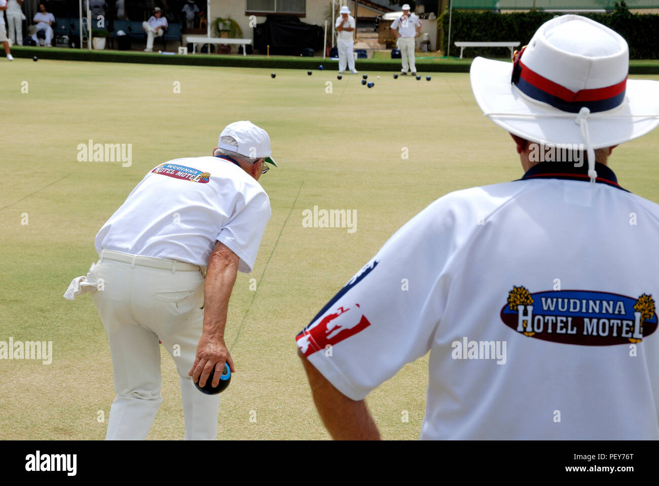 WUDINNA, AUSTRALIA- FEBRUARY 02, 2018: Playing bowls. Group of elderly ...