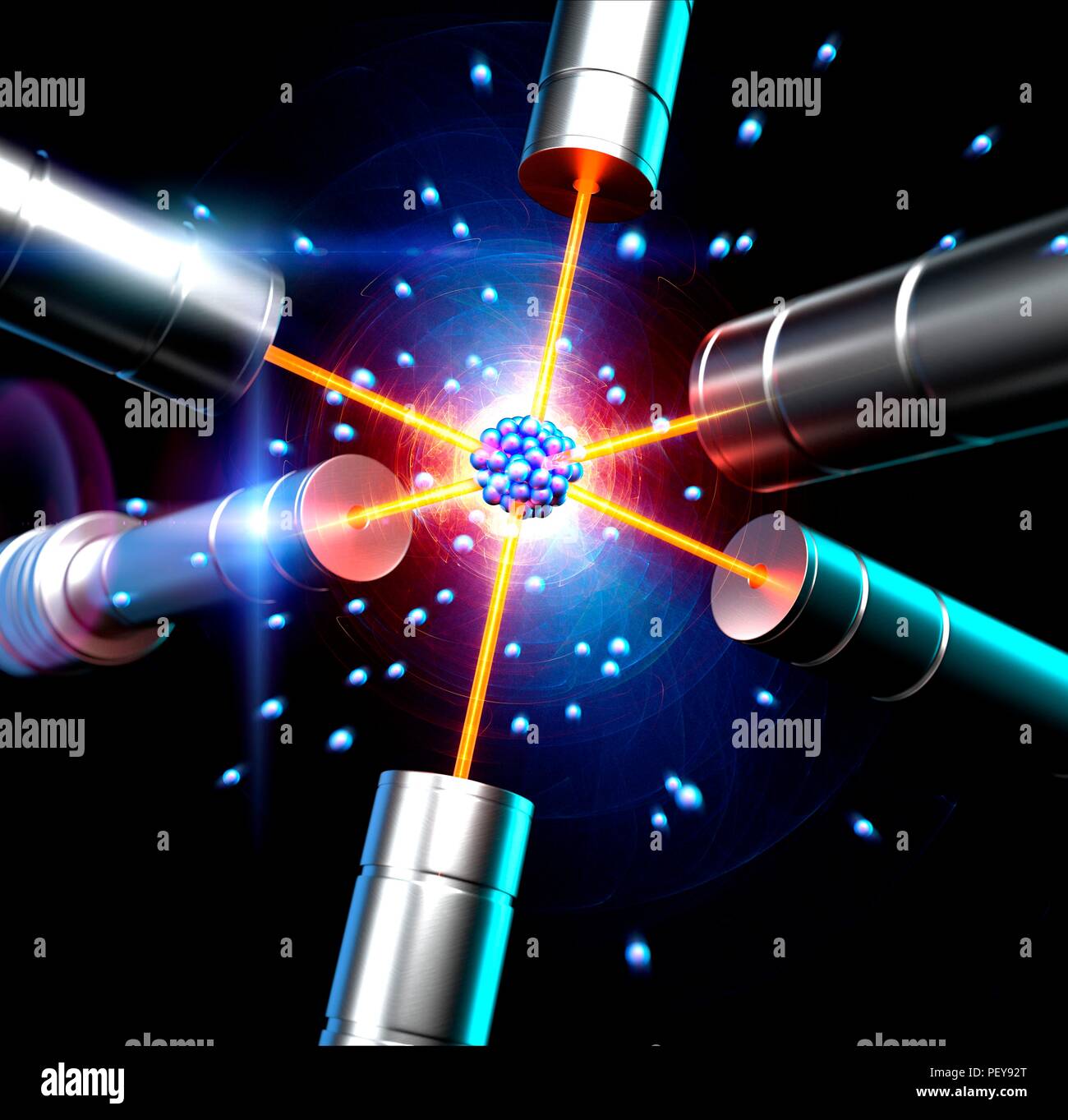 Atom suspended by lasers, computer illustration Stock Photo - Alamy