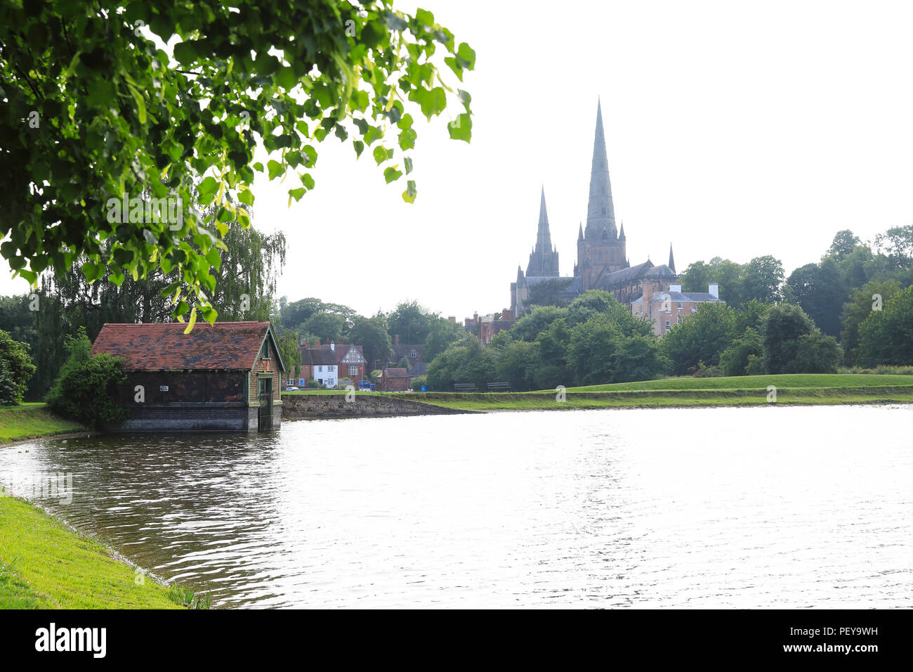 View of historic Lichfield Cathedral, seen across Stowe Pool, in ...