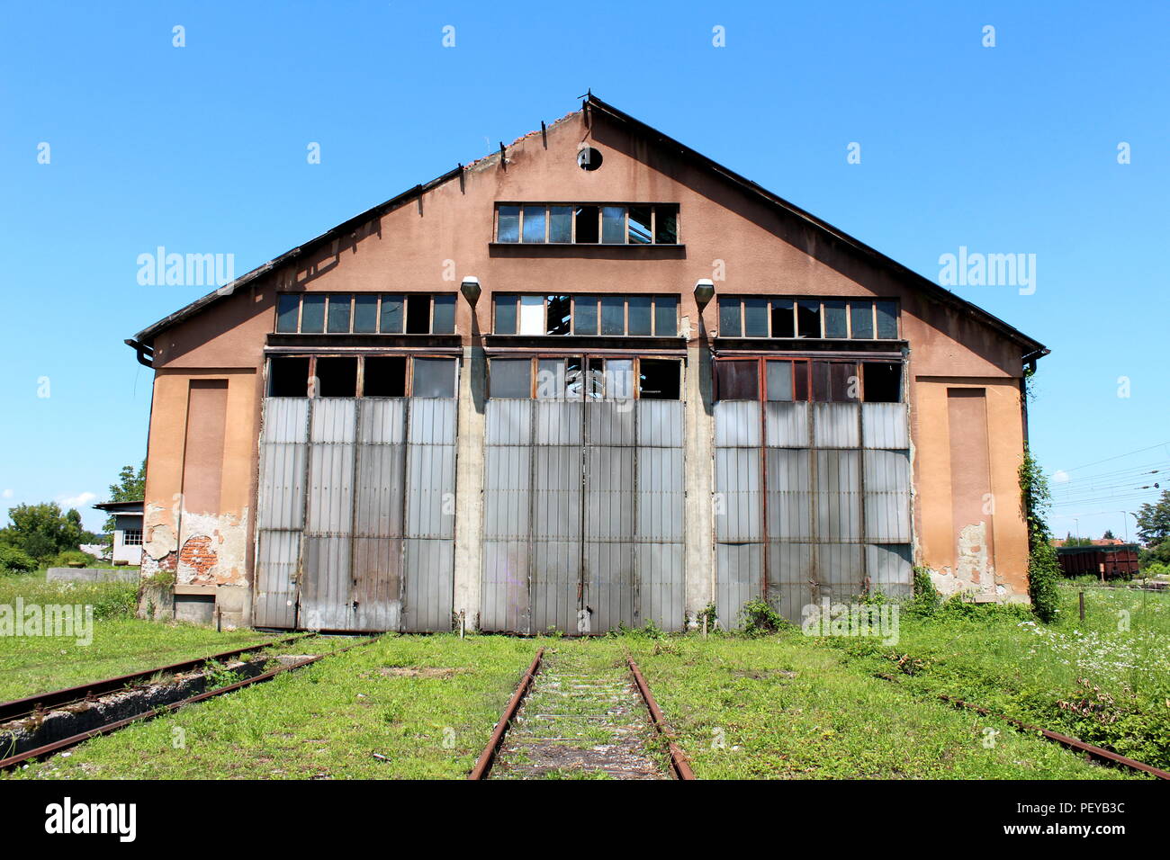 Destroyed abandoned old railway station train repair workshop building ...