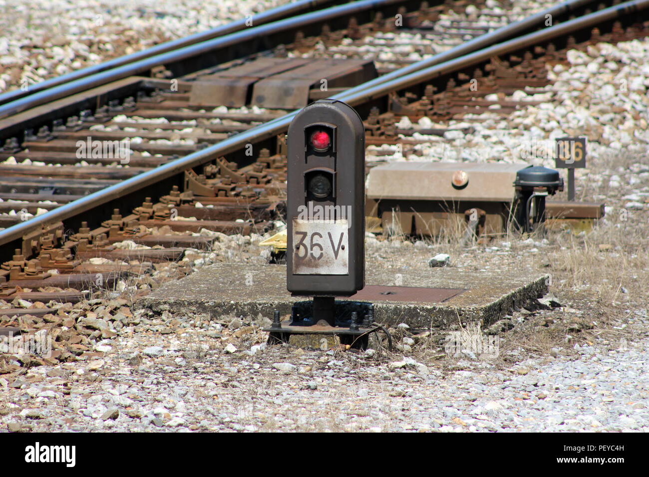 Railway trackside traffic signal light with position number marker ...