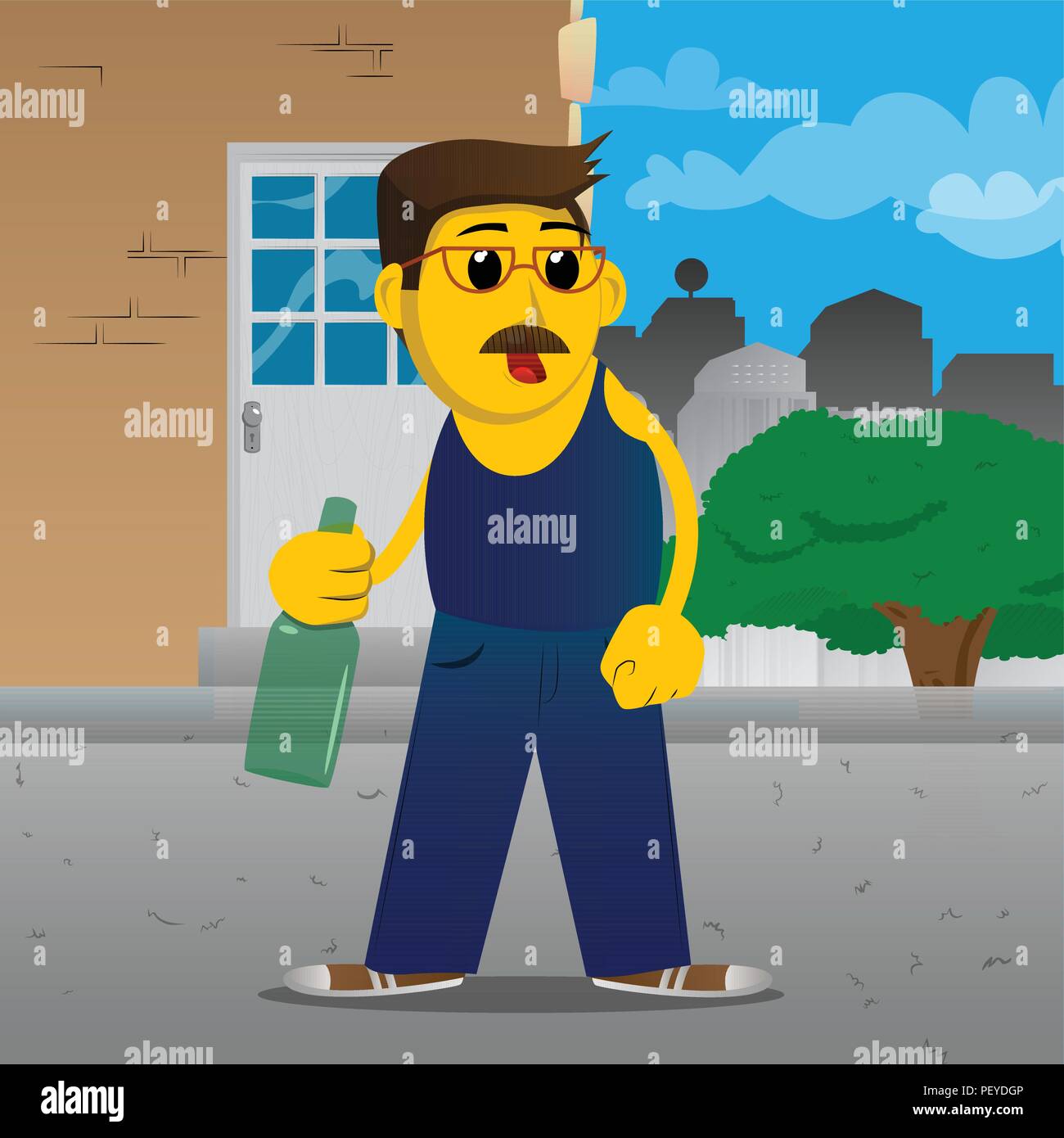 Yellow man holding a bottle. Vector cartoon illustration Stock Vector ...