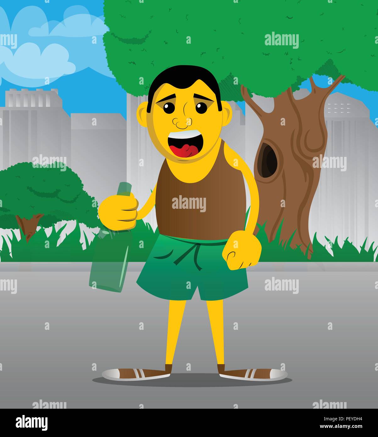 Yellow man holding a bottle. Vector cartoon illustration Stock Vector ...