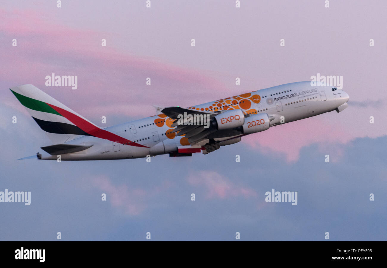 Emirates Airline Airbus A380 at sunset Stock Photo - Alamy