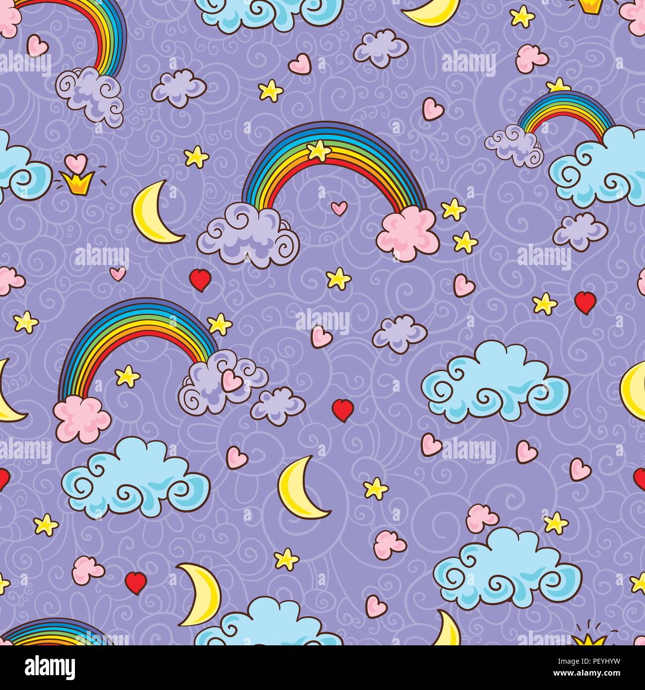 Cloud Background, Rainbow Seamless Pattern, Cartoon Vector Illustration, purple Sky Background ...
