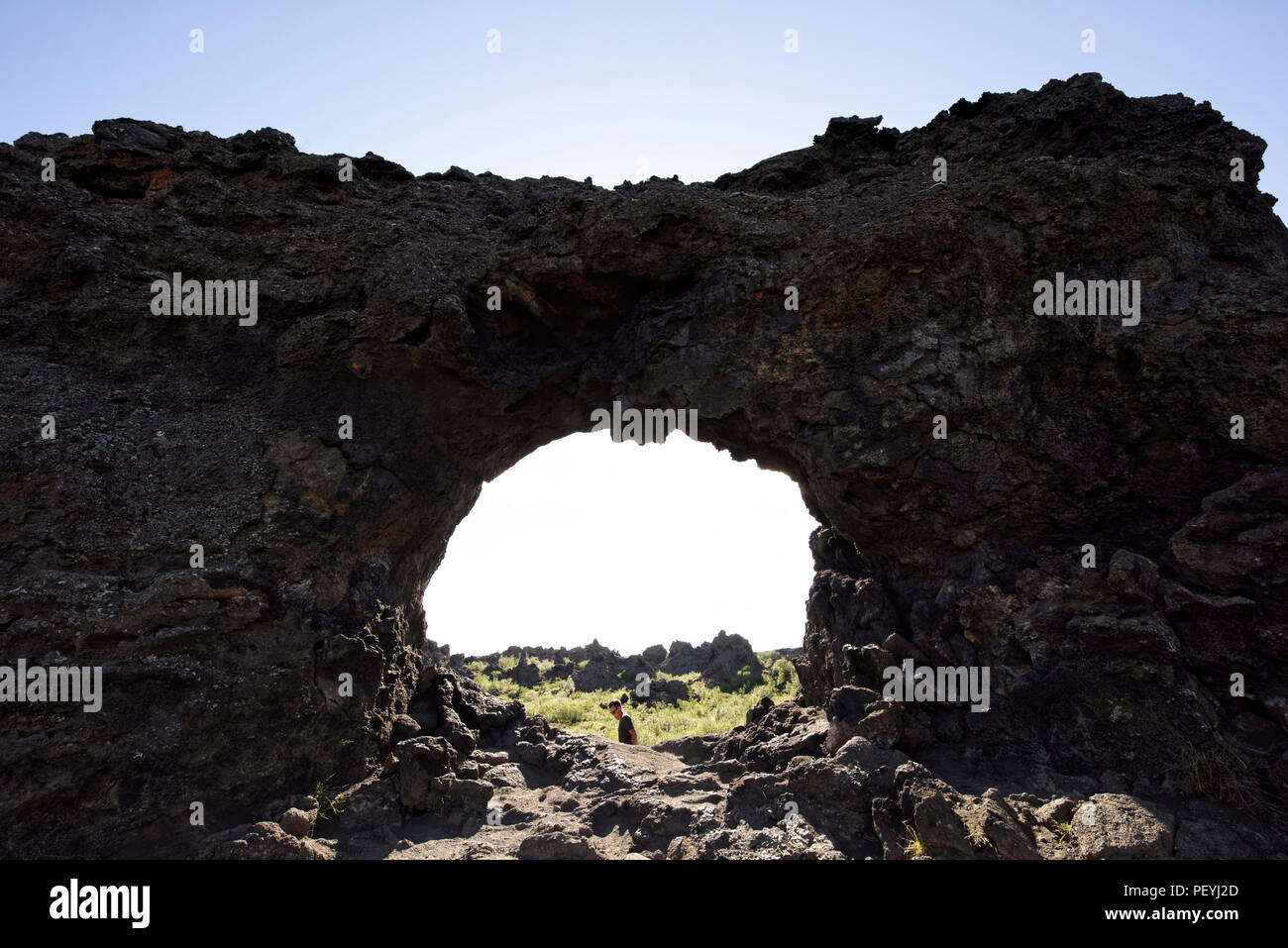 Volcanic rock formations from lava tubes at Dimmuborgir on Lake Myvatn ...